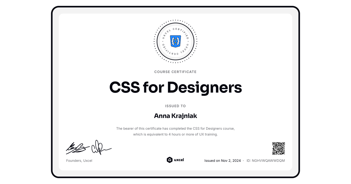Certificate of completion for CSS Foundations | Uxcel